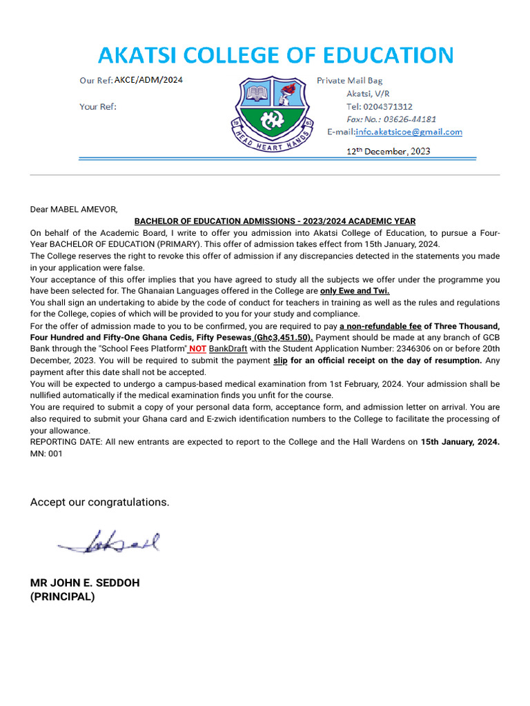AKATSI COLLEGE OF EDUCATION - Print Letter Page | PDF