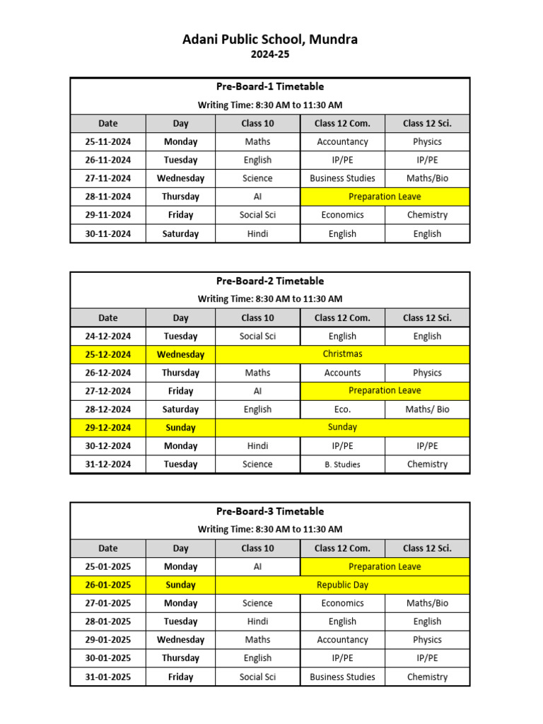 Adani Public School, Mundra: 2024-25 Pre-Board-1 Timetable | PDF