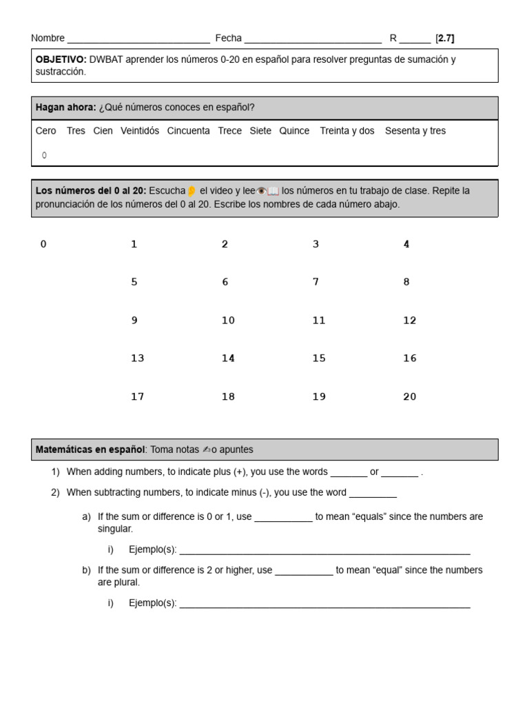 Ejercicios de Números en Español 0-20 | PDF