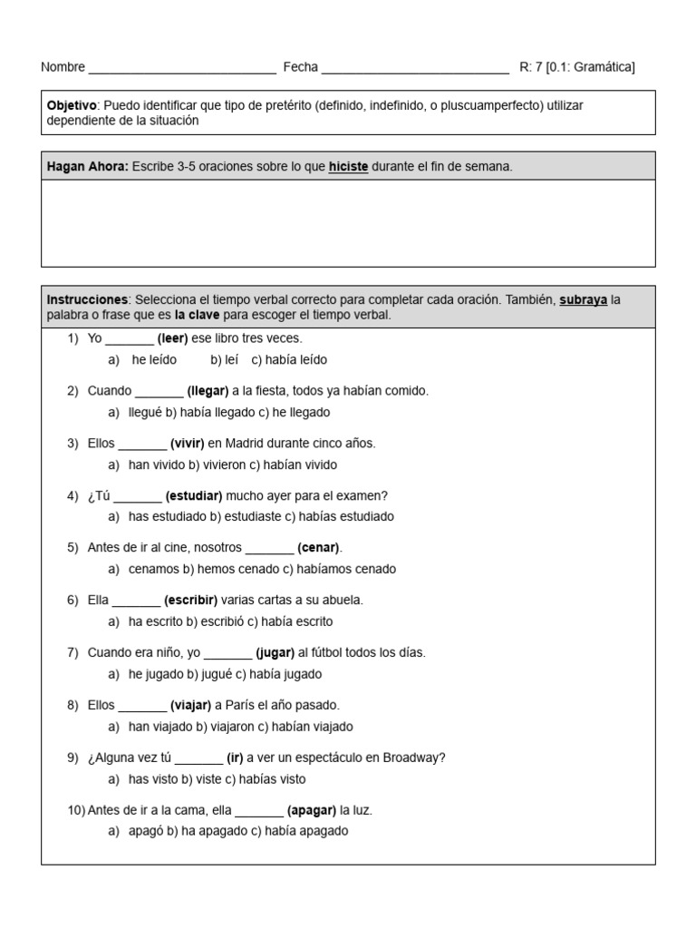 Repaso de Gramática - El Pretérito | PDF