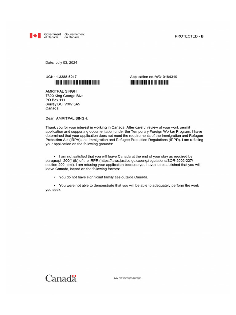 Refusal Letter - Amritpal Singh | PDF