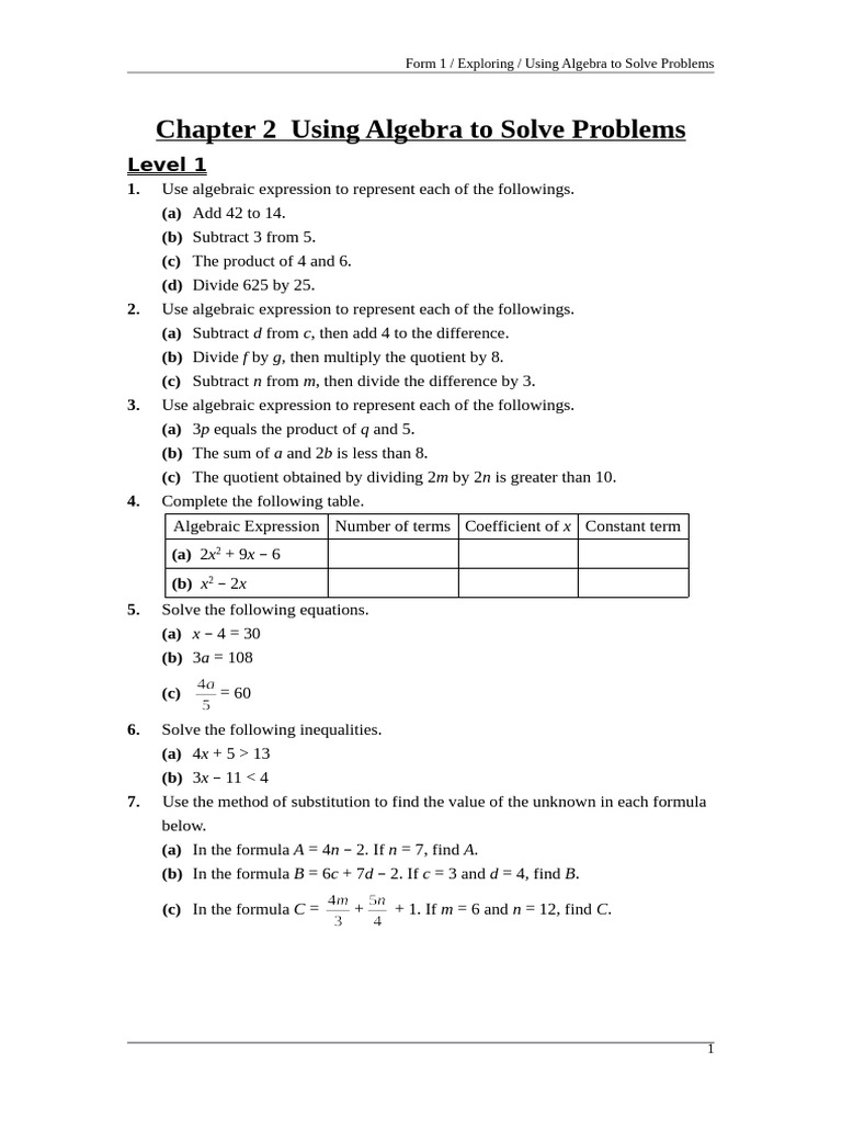 Chapter 2 Using Algebra To Solve Problems | PDF | Equations | Algebra