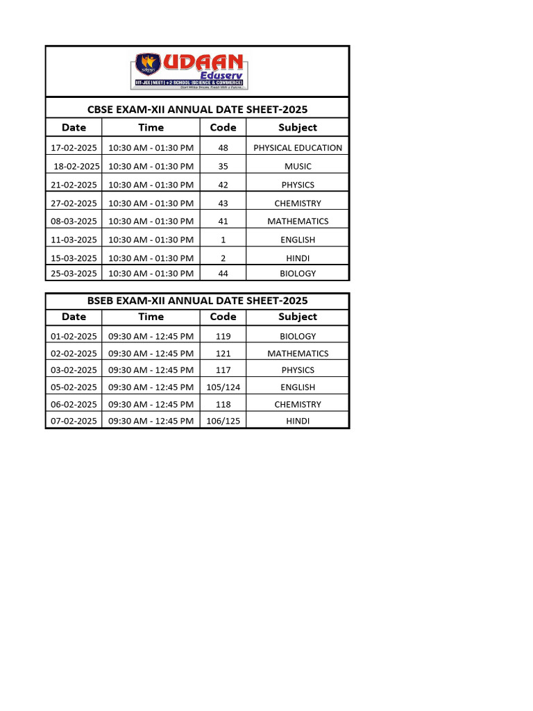 CBSE & BSEB XII Exam Date Sheet 2025 | PDF