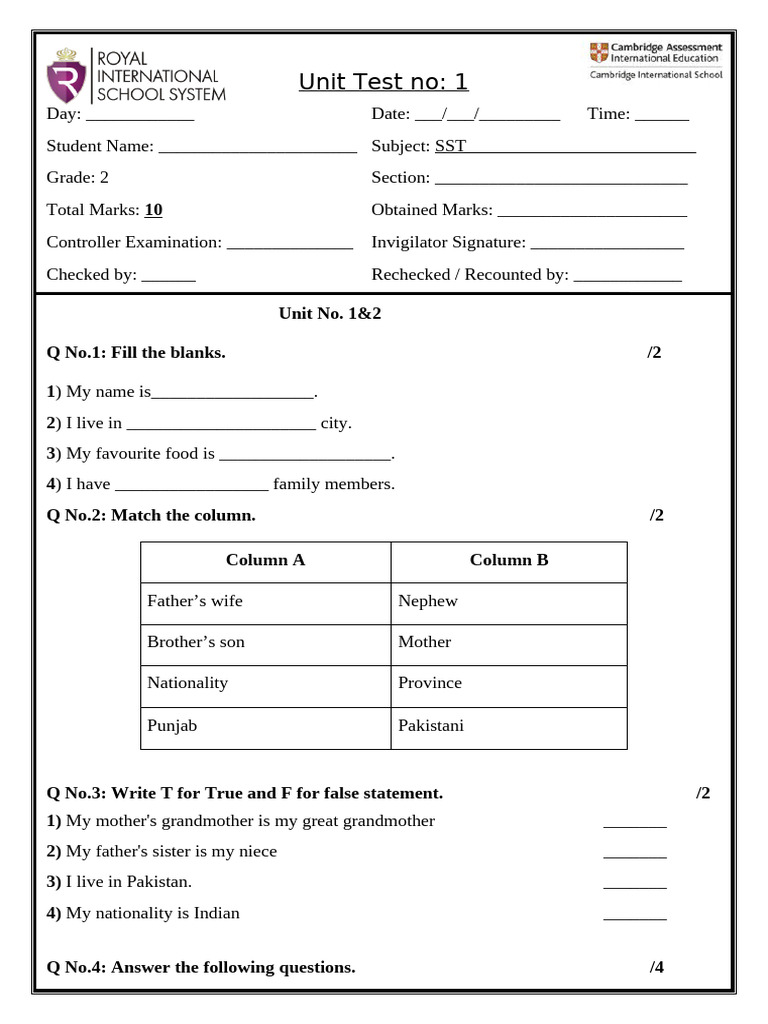 SST Test 1 Grade 2 F | PDF