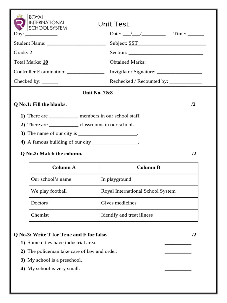 Grade 2 SST Unit Test Template | PDF