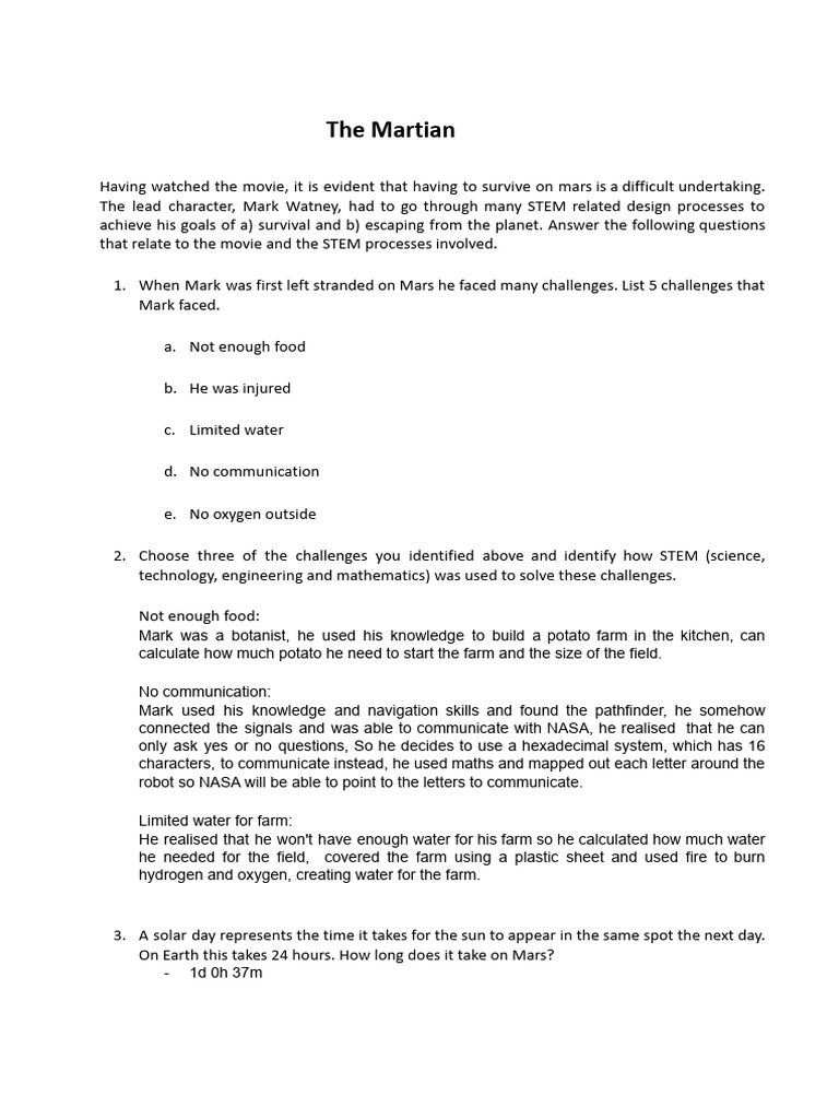 STEM Challenges in The Martian | PDF | Mars | Space Exploration
