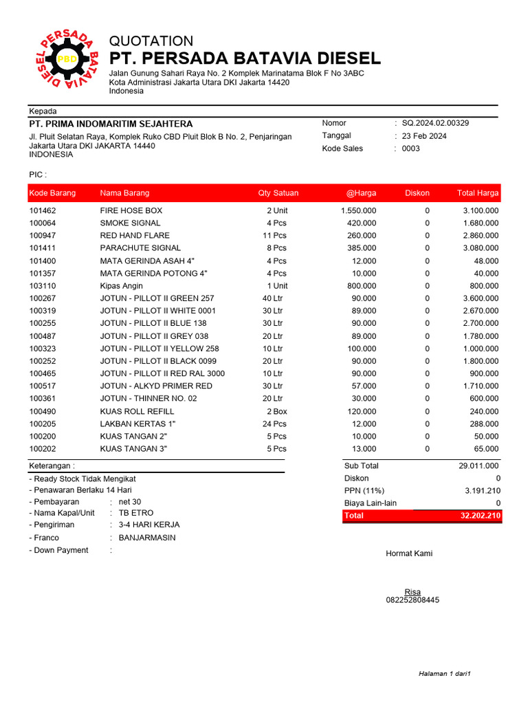 Penawaran Pt. Prima Indomaritim Sejahtera 00329 | PDF