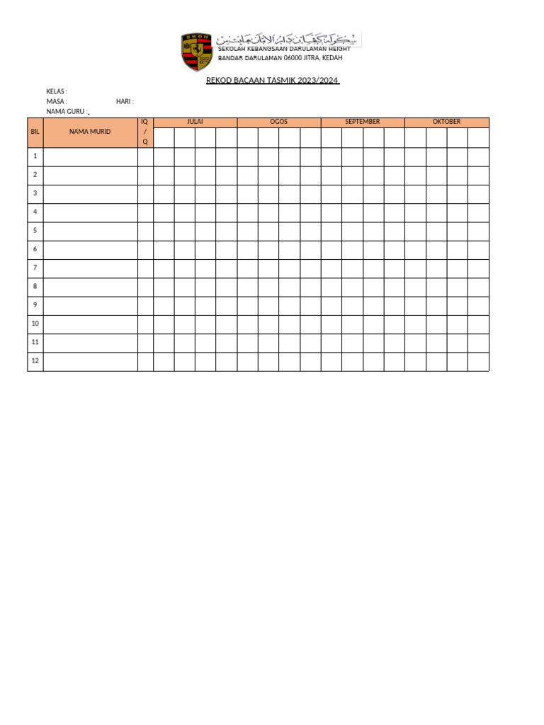 Borang Kosong Rekod Bacaan Tasmik 2023 | PDF