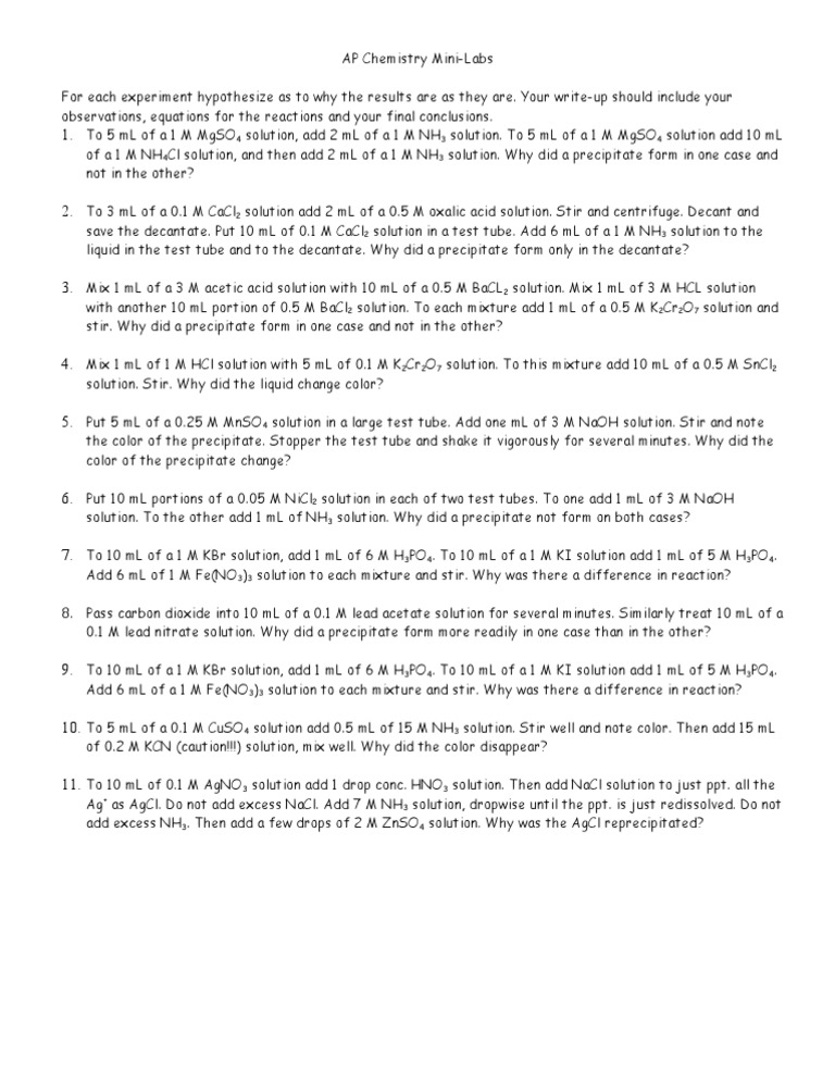 AP Chemistry Mini-Lab Experiments | PDF | Precipitation (Chemistry ...