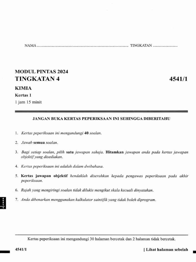 UASA P1 Chem T4 2024 | PDF
