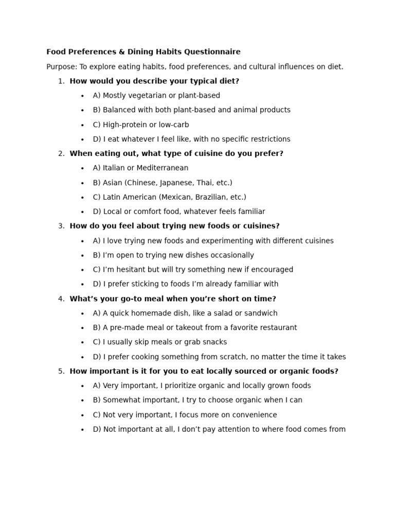 Food Preferences & Dining Habits Survey | PDF
