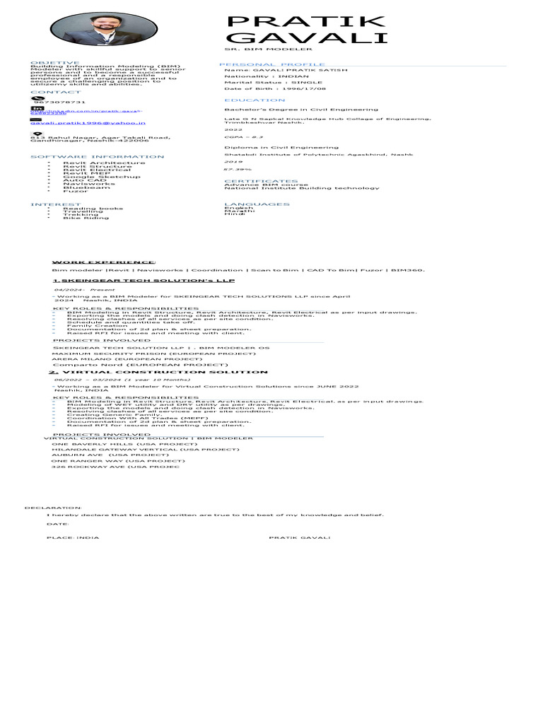 BIM Modeler Pratik Gavali Resume | PDF | Building Information Modeling | Autodesk Revit