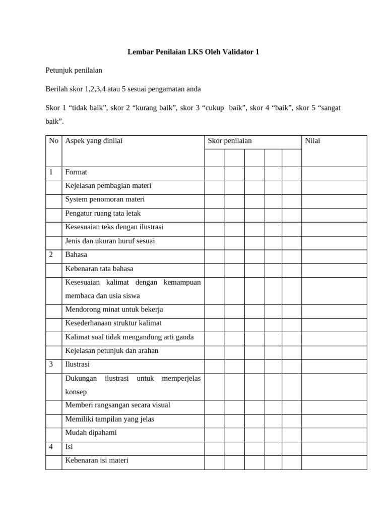 Lembar Penilaian LKS Oleh Validator 1 | PDF