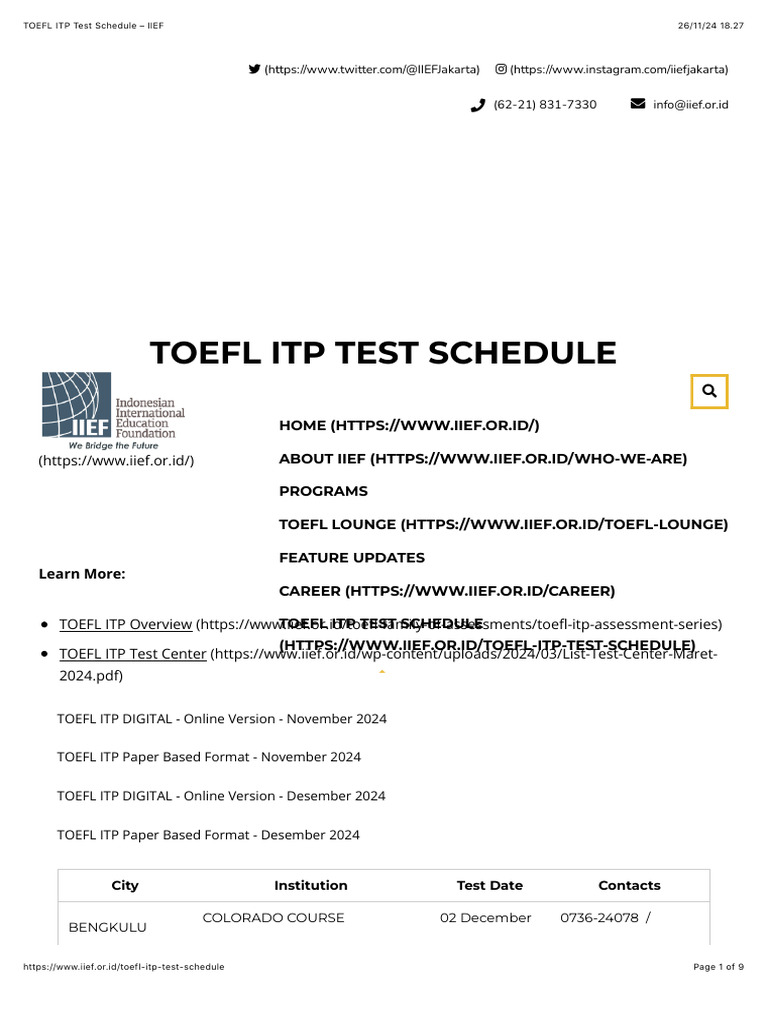 TOEFL ITP Test Schedule - IIEF Desember | PDF | Ujian Bahasa Inggris ...