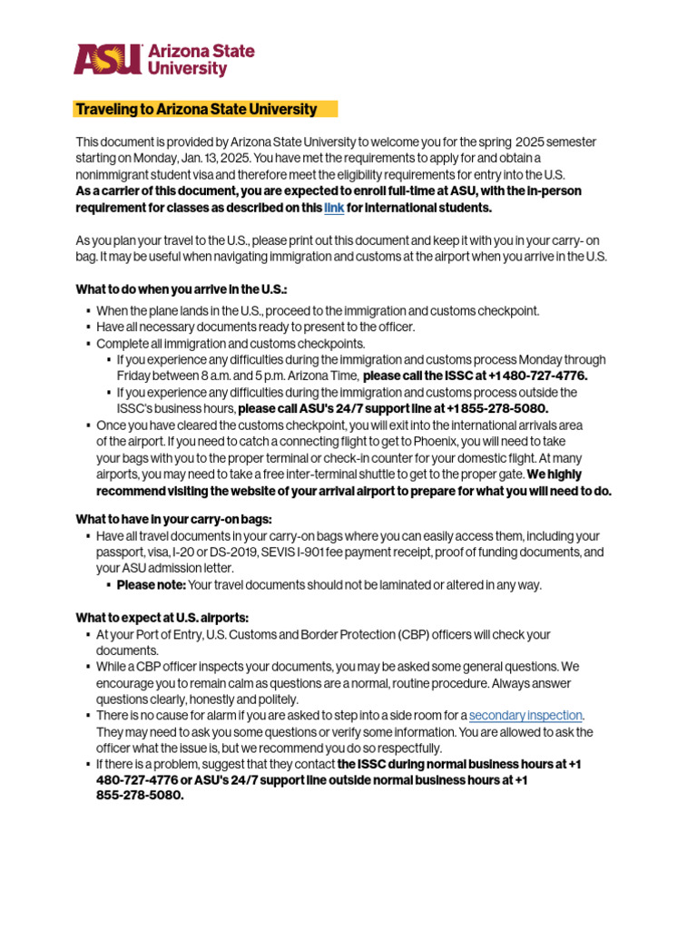 ASU Travel Letter | PDF | Customs | International Law