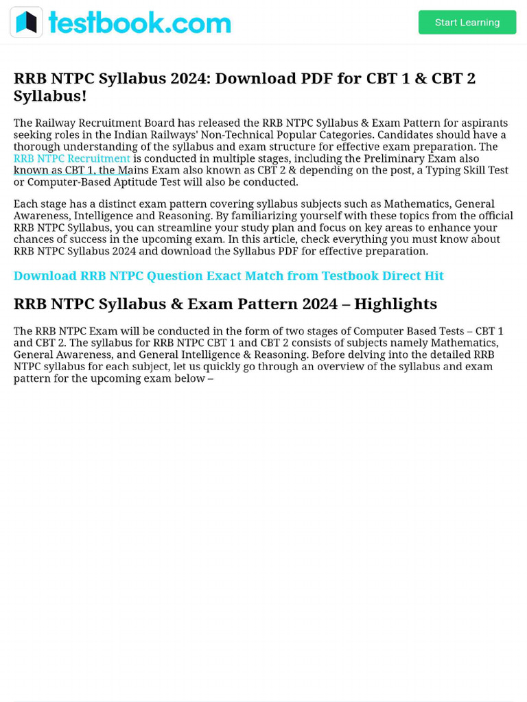 RRB NTPC Syllabus 2024 - Download PDF For CBT 1 & CBT 2 Syllabus! | PDF