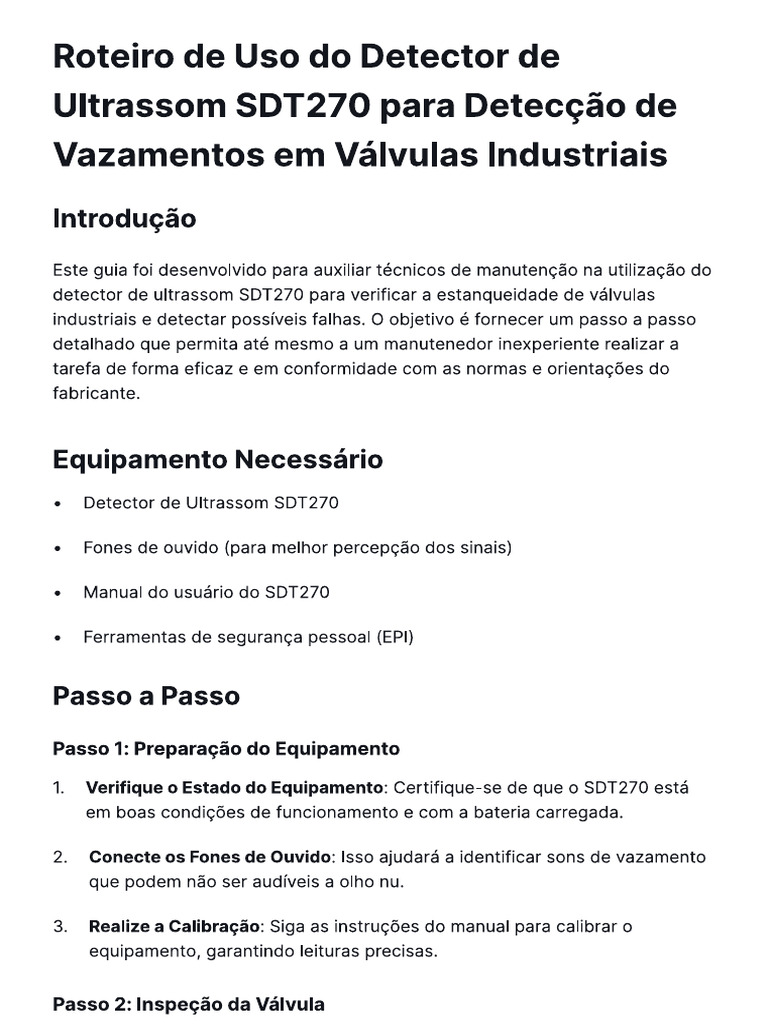 Roteiro de Uso Detector de Ultrassom SDT270 | PDF