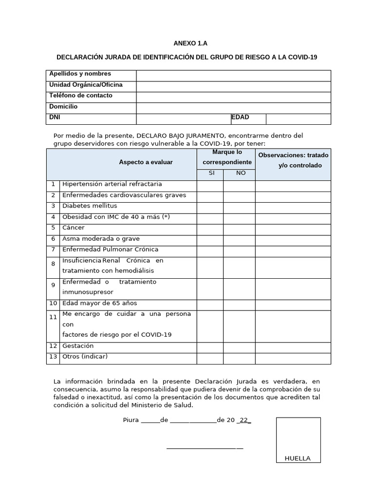 Anexo 1 Declaracion Jurada | PDF