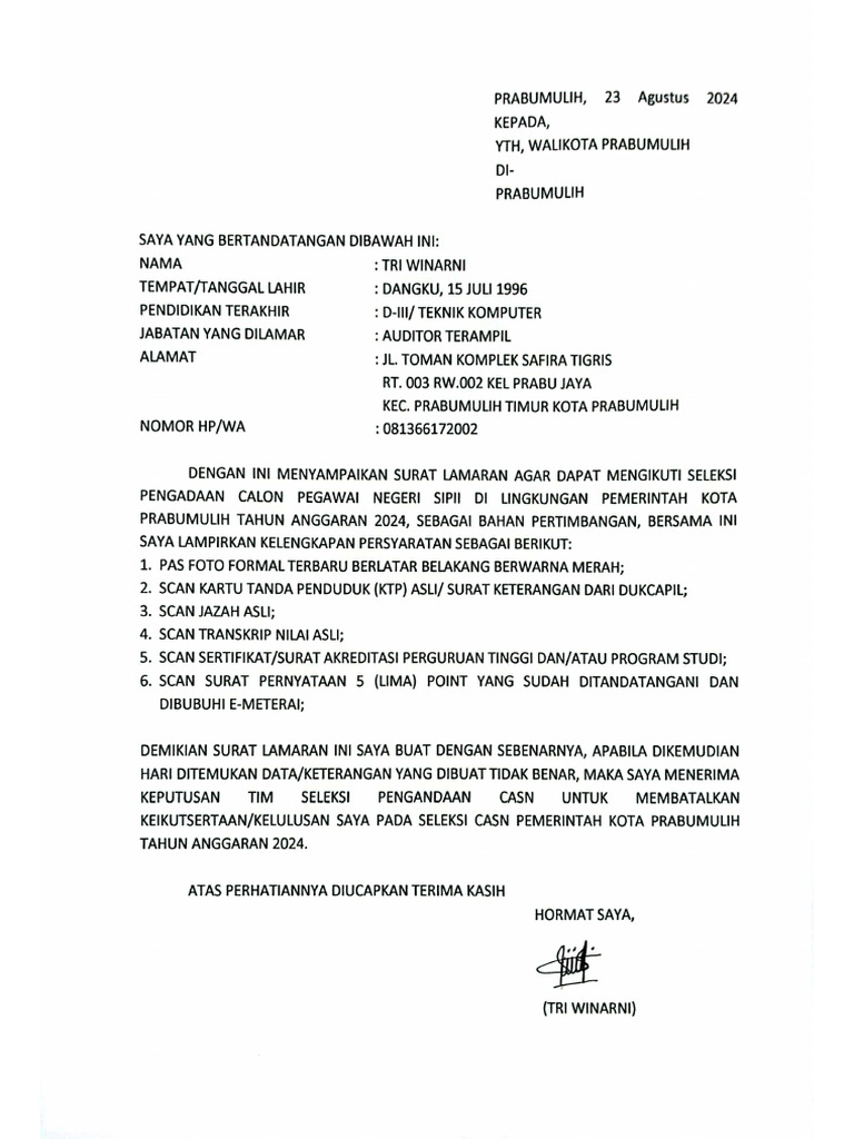 Surat Lamaran Tri | PDF