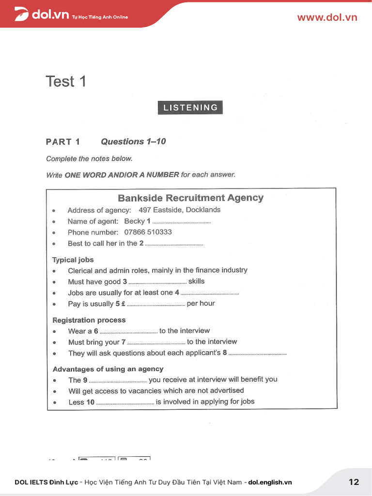 Cambridge Practice Test For IELTS 15 Test 1 Lis | PDF