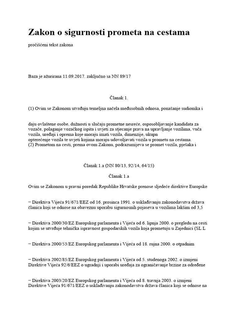 Zakon o Sigurnosti Prometa Na Cestama 11.09.2017 | PDF