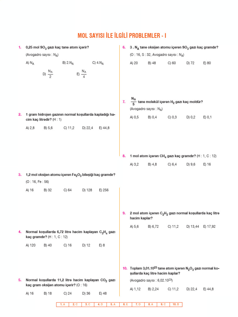 10.sinif Palme FL Kimya Soru Kitabi Mol Sorulari | PDF