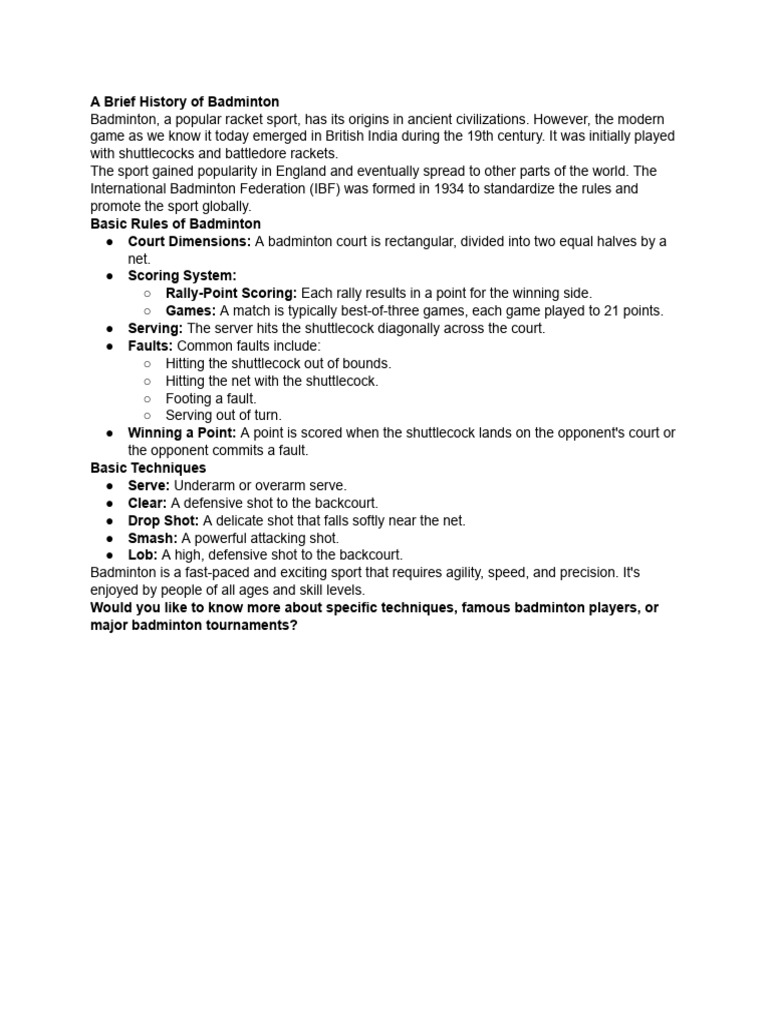 History and Rules of Badminton | PDF