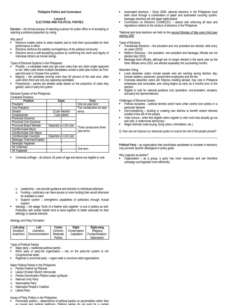 Lesson 8 Elections and Political Parties | PDF | Elections | Political ...