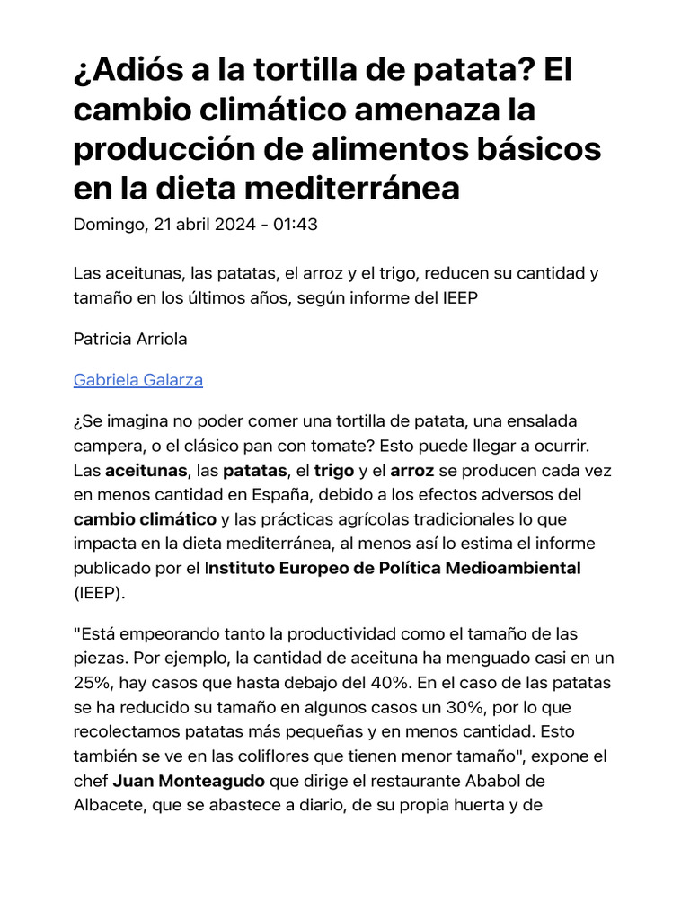 ¿Adiós A La Tortilla de Patata. El Cambio Climático Amenaza La ...