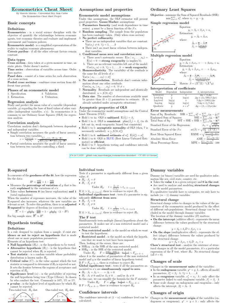 Econometrics Cheat Sheet Overview | PDF | Ordinary Least Squares ...