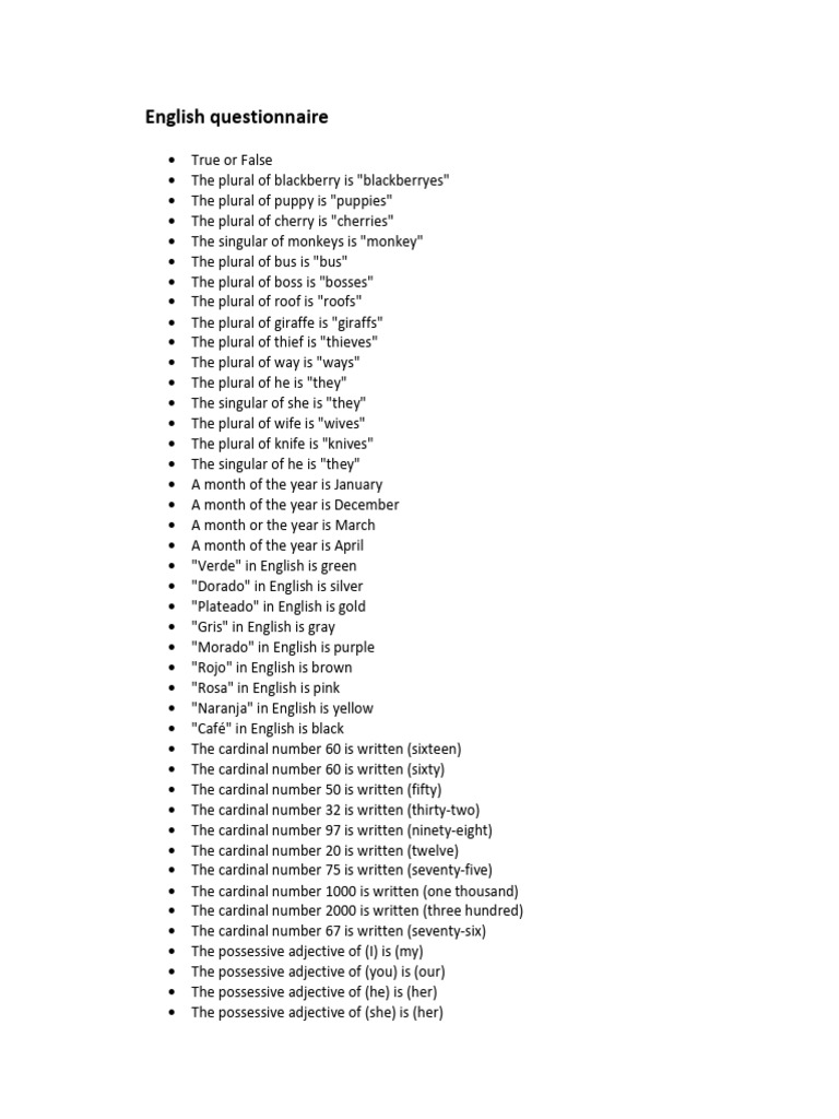 English Questionnaire | PDF