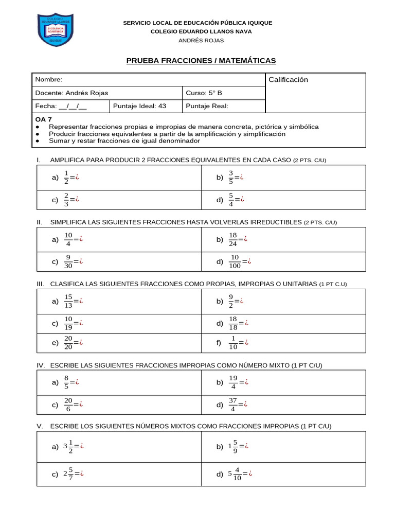 Prueba Fracciones - Ii Semestre | PDF | Entero | Álgebra