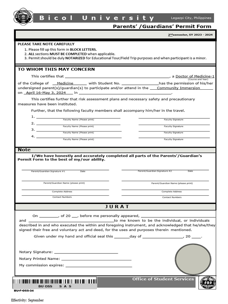 Parents' Permit Form for Community Immersion | PDF | Notary Public ...