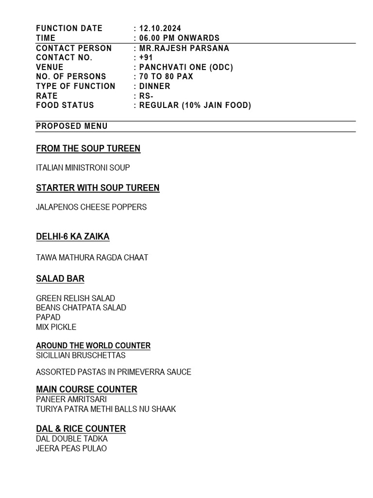 Proposed Menu Dinner 12th Oct 2024 | PDF