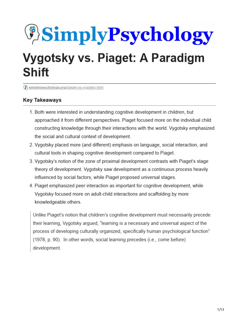 Vygotsky Vs Piaget A Paradigm Shift | PDF | Cognitive Development | Constructivism (Philosophy ...