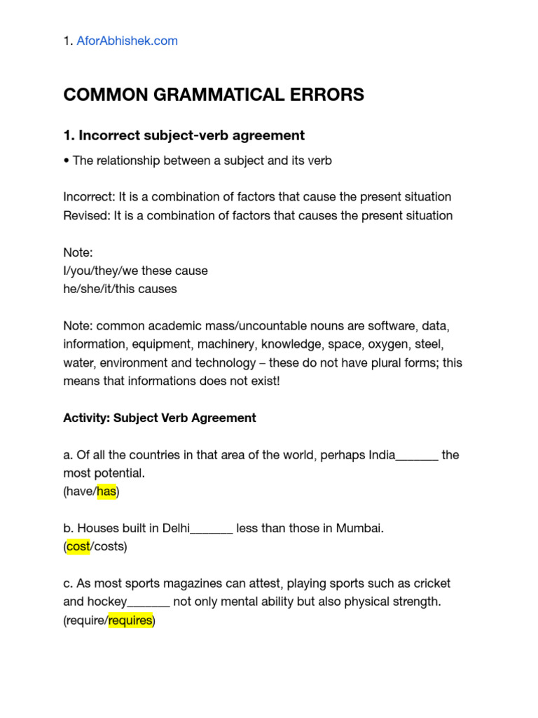 Common Grammatical Errors | PDF | Verb | Noun