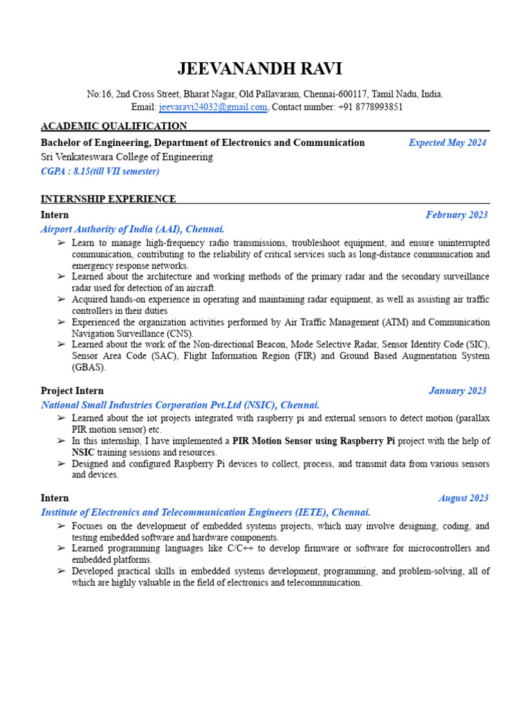 Jeevanandh Ravi CV | PDF | Embedded System | Microcontroller