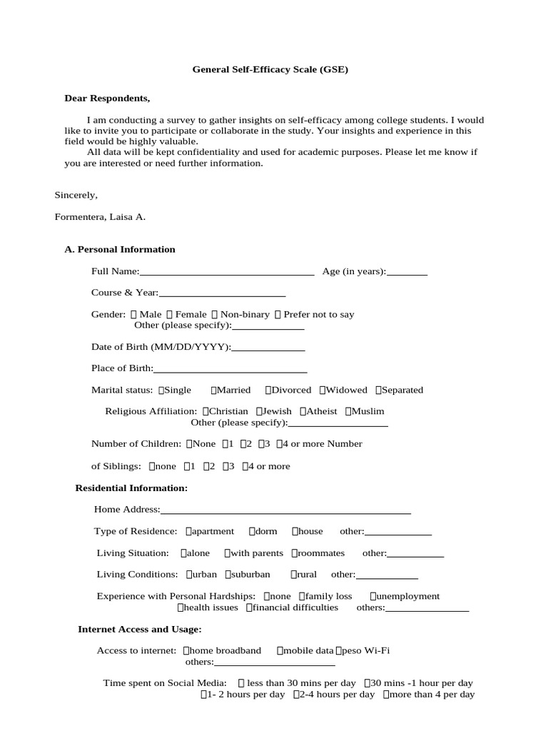 Self-Efficacy Questionnaire | PDF | Social Psychology | Psychology