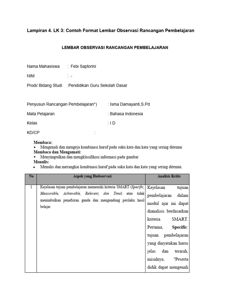 (Pem 2) Lampiran 4. LK 3 Contoh Format Lembar Observasi Rancangan Pembelajaran-1 | PDF
