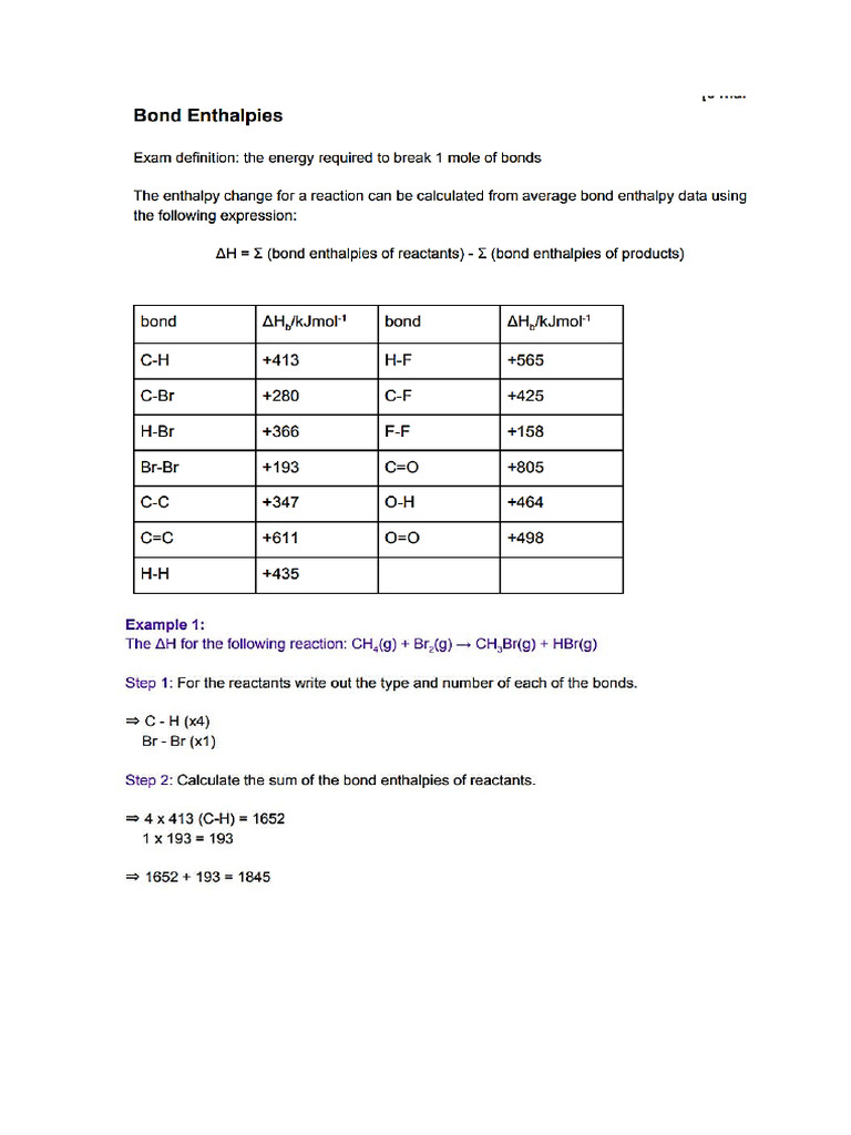 Classwork Worksheet Bond Enthalpy | PDF