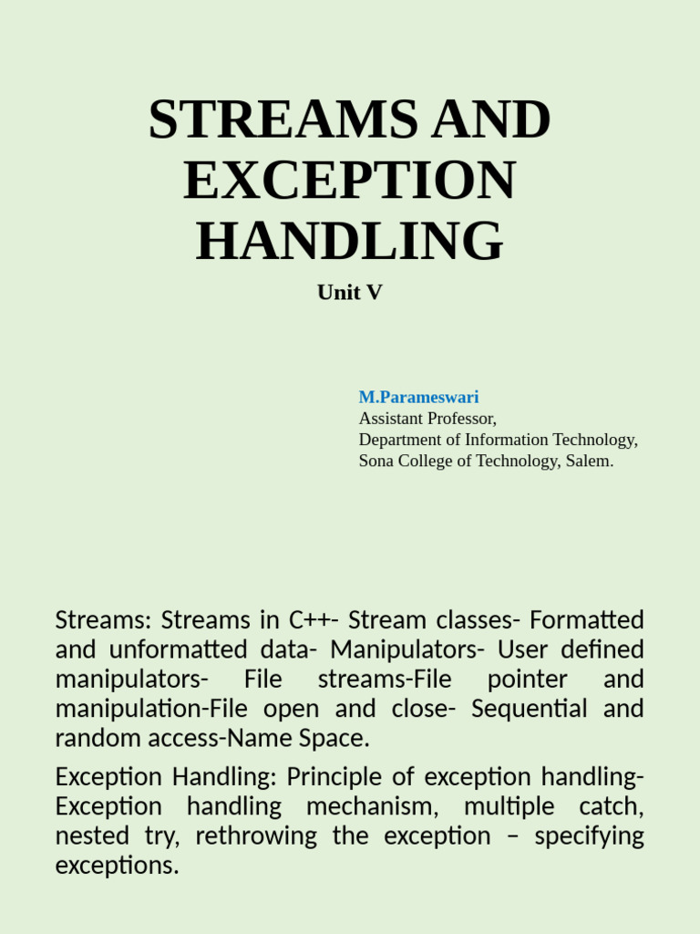 Unit V Streams And Exception Handling Pdf C Computer Programming