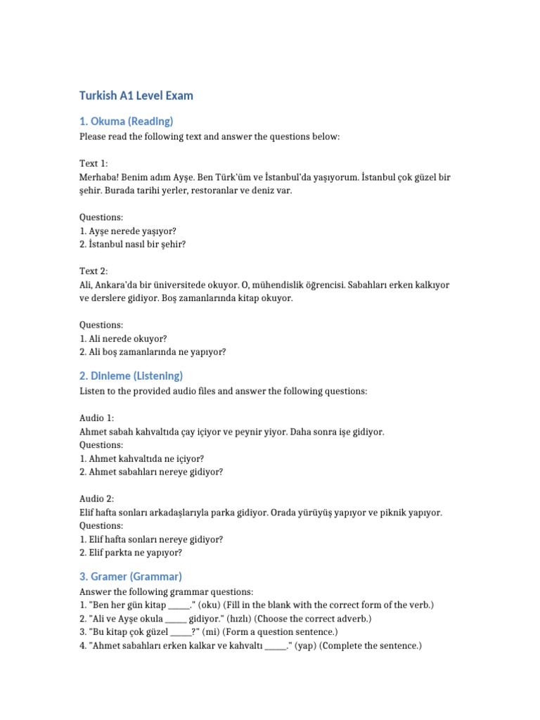 Turkish A1 Complete Exam | PDF