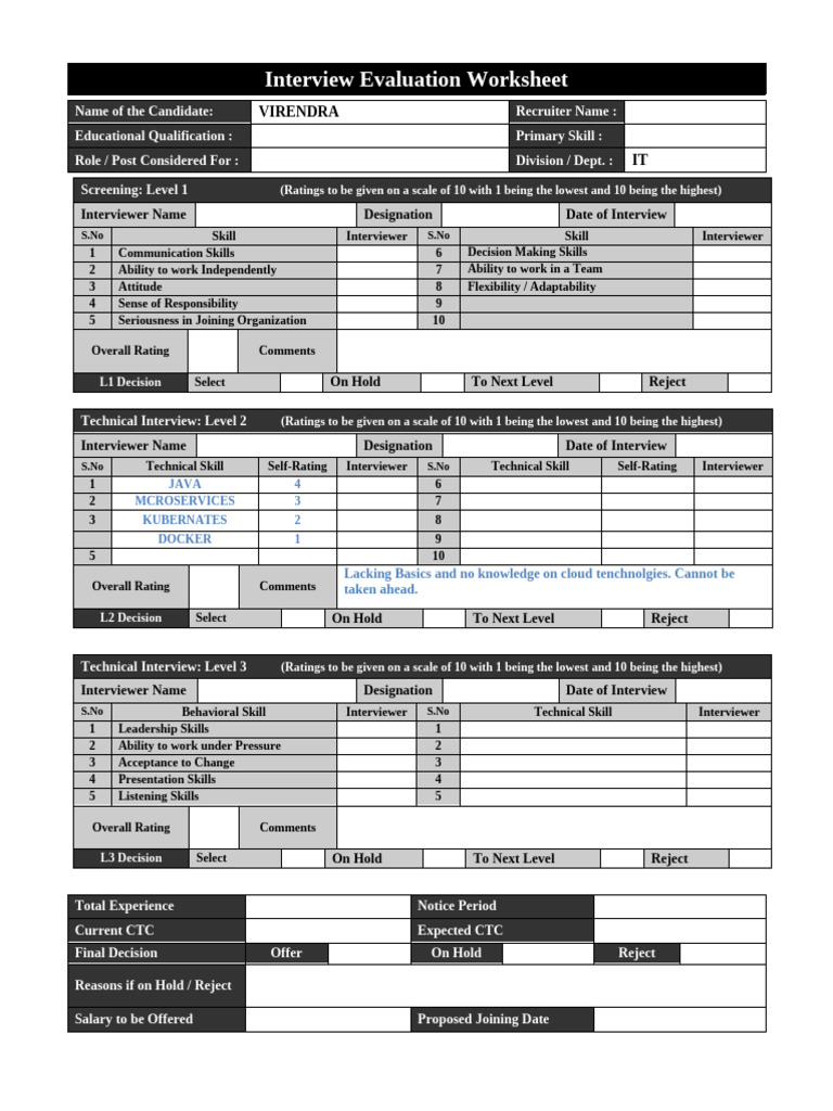 Interview Evaluation Sheet - Candidate Name - Virendra | PDF ...