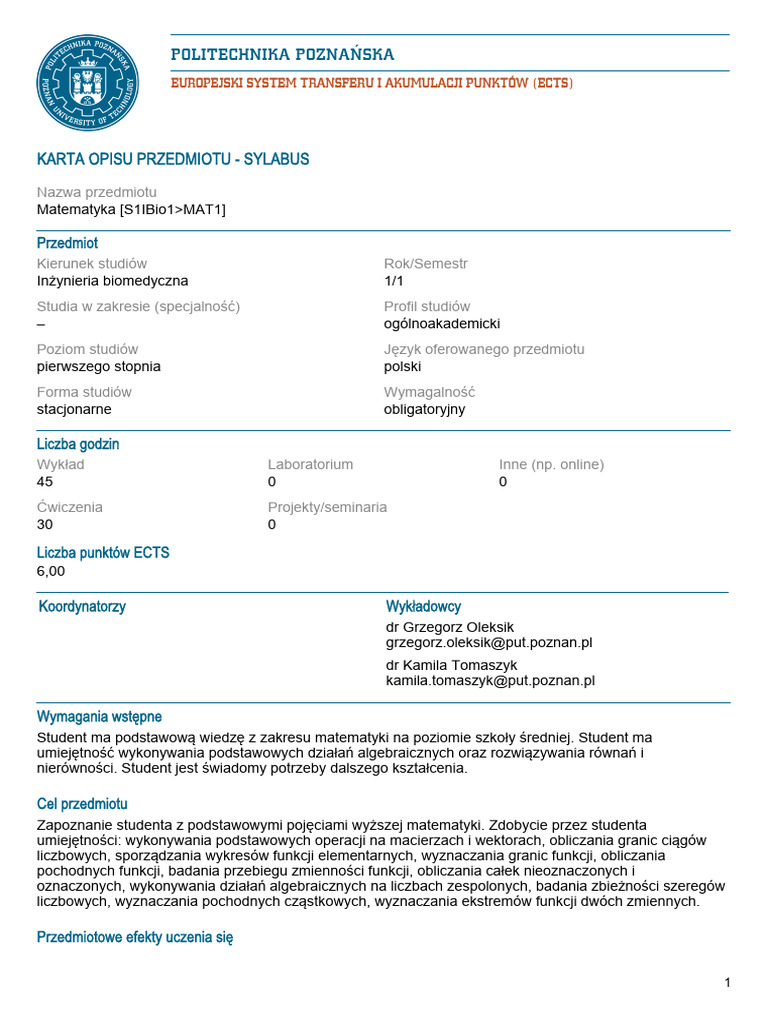 Karta Ects Matematyka Semestr 1 | PDF