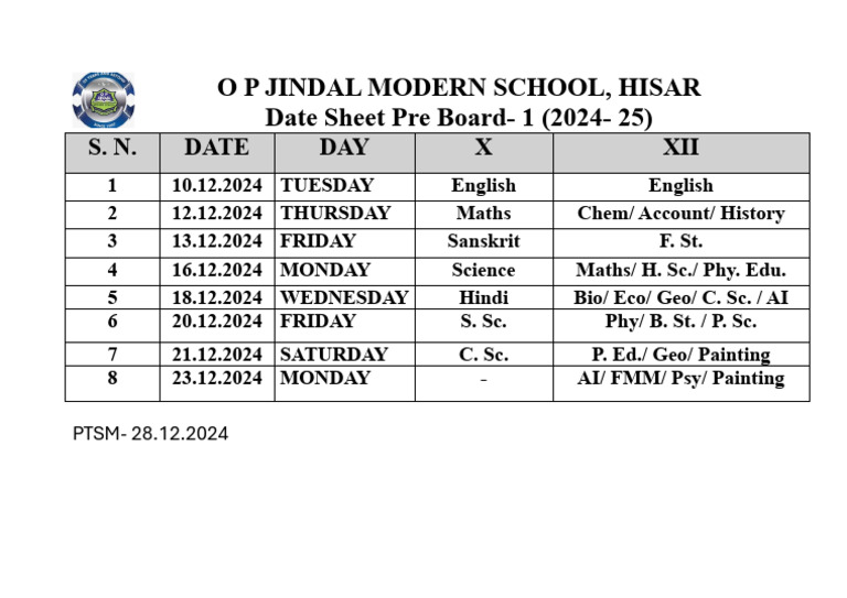 PRE BOARD- 1 Date Sheet | PDF
