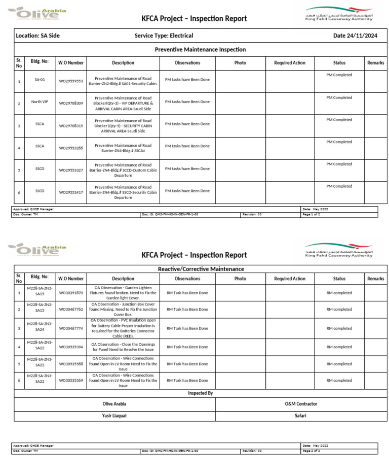 Electrical Inspection Report SA Side 24 NOV 2024 | PDF | Electrical ...