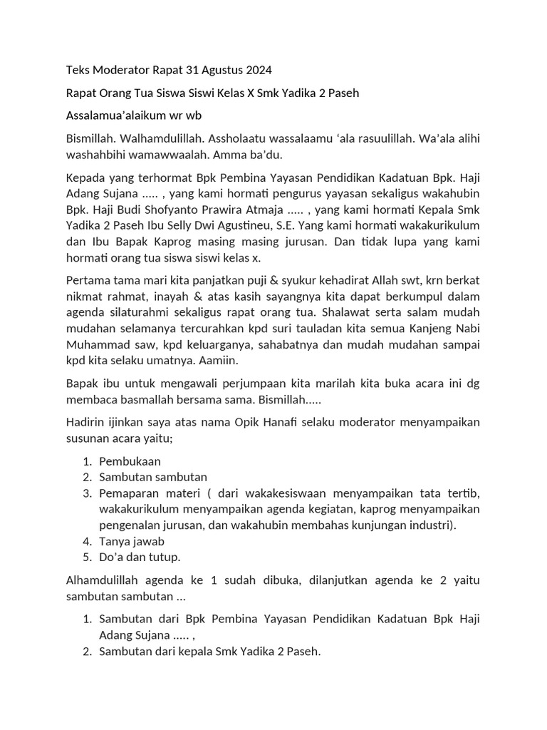 Teks Moderator Rapat Ortu | PDF