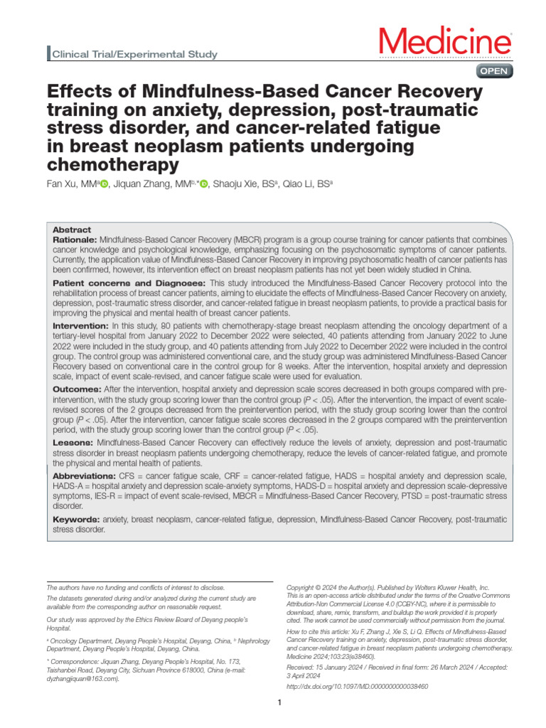 Effects of Mindfulness Based Cancer Recovery.74 | PDF | Major ...