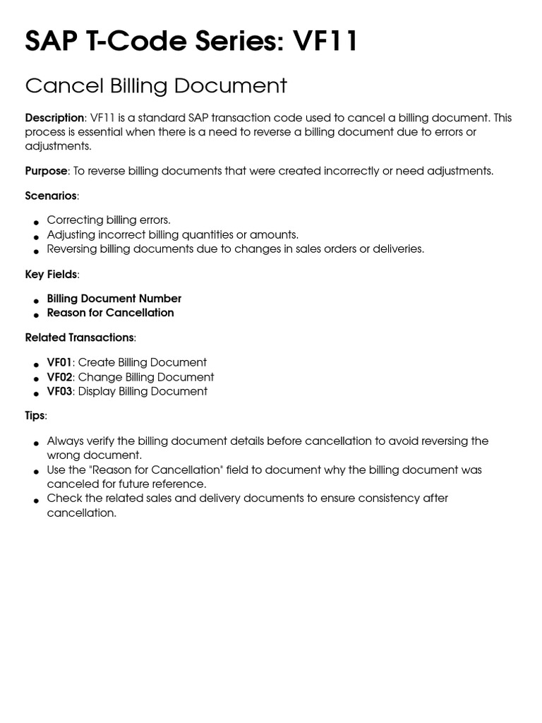 SAP T-Code Series VF11 | PDF