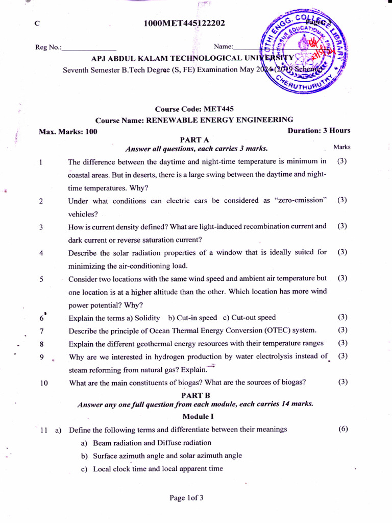 Met445 Renewable Energy Engineering, May 2024 | PDF | Renewable Energy | Energy Development